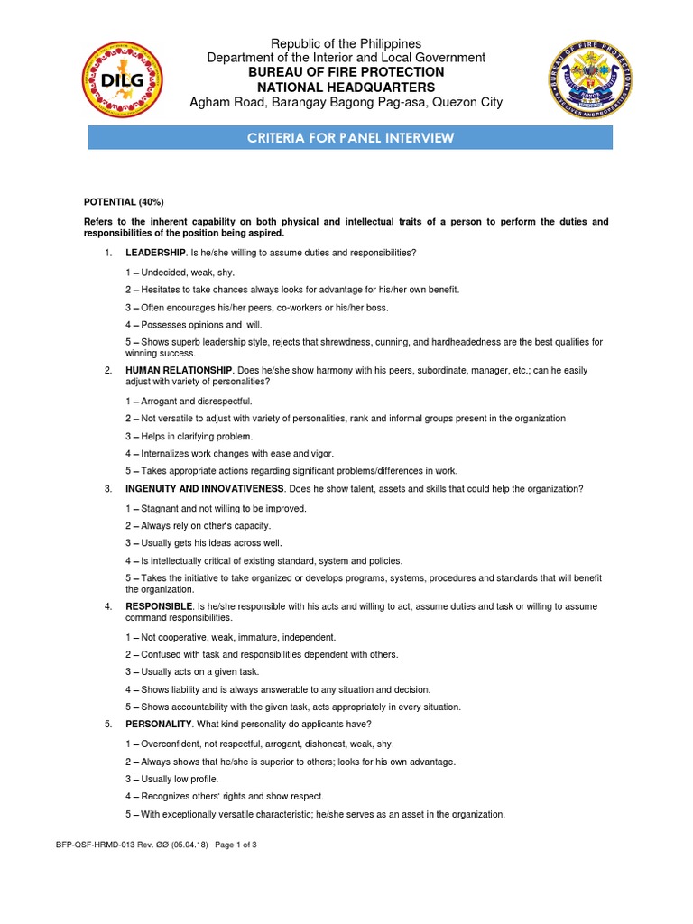 13 Panel Interview Criteria Upd 03july2018 | PDF | Leadership | Cognition