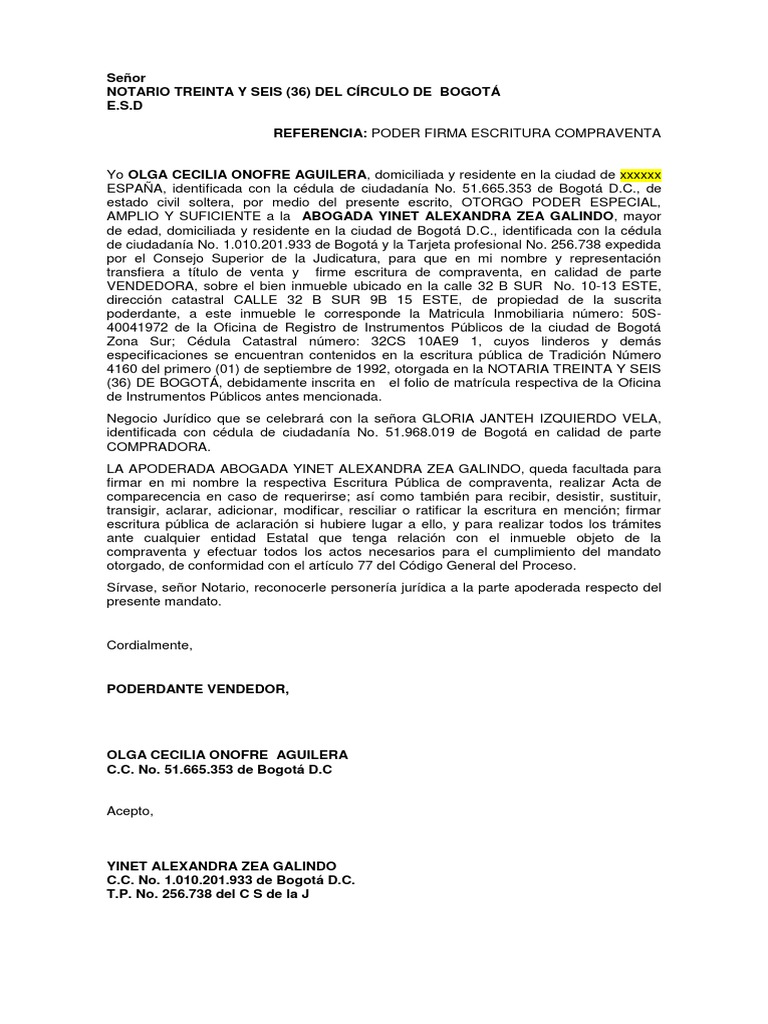 Poder Especial Notaría 36 Bogotá D.C. | PDF | Bogotá | Derecho Civil ...