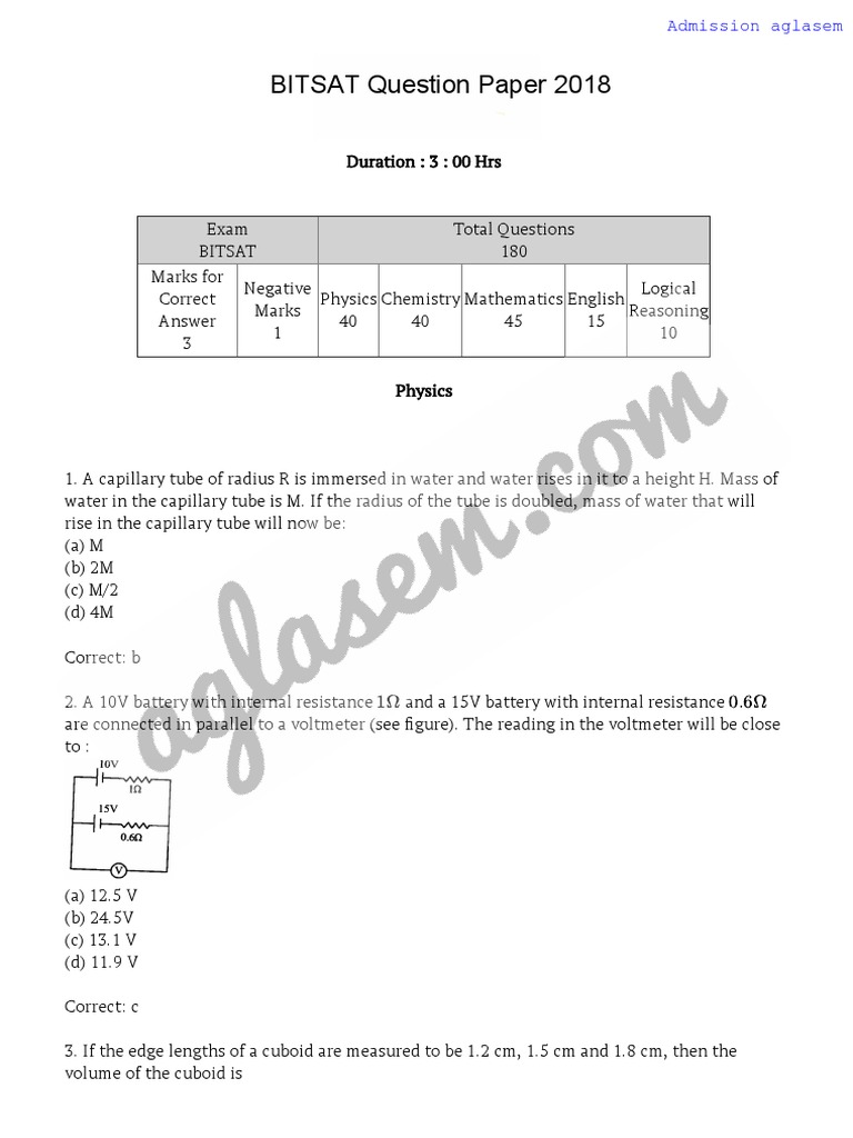 Bitsat Set 3 Bitsat Set 3 BITSAT Question Paper 2018 | PDF | Lens ...