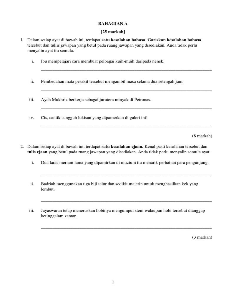 Contoh Soalan Peperiksaan BM Tingkatan 1 | PDF