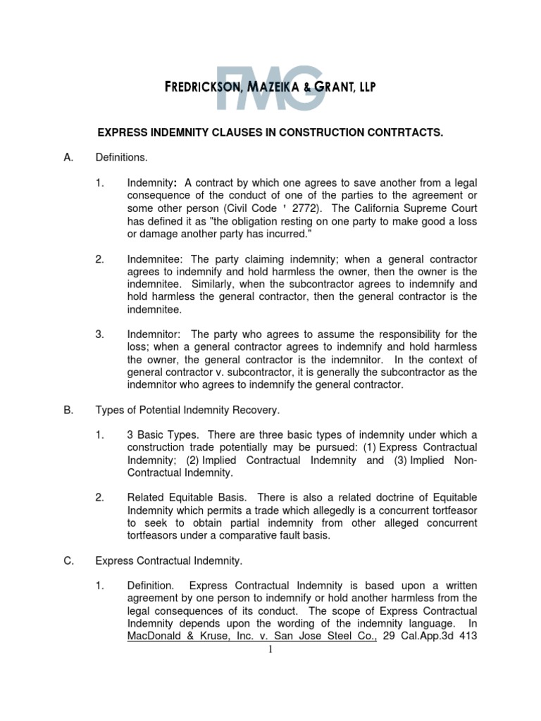 Express Indemnity Clauses in Construction Contracts | PDF | Indemnity ...