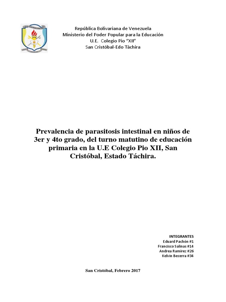 Prevalencia de Parasitosis Intestinal en Niños de 3er y 4to Grado, Del ...