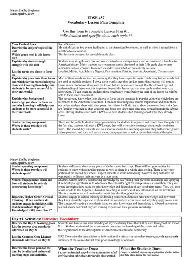 Lesson Plan One | PDF | Homework | Vocabulary