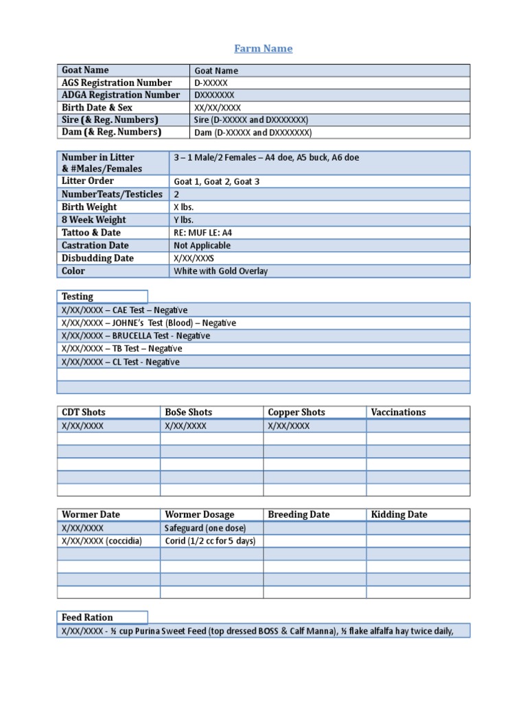 Goat Health Record Template | PDF | Goat | Domestication