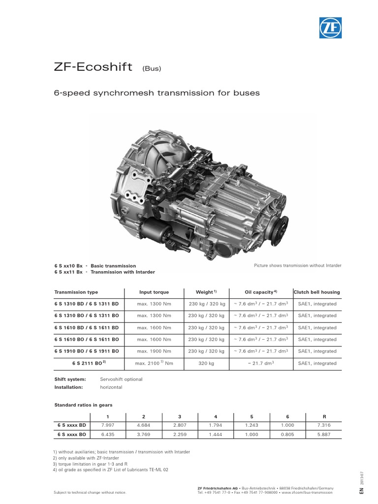 ZF-Ecoshift: 6-Speed Synchromesh Transmission For Buses | PDF | Manual ...