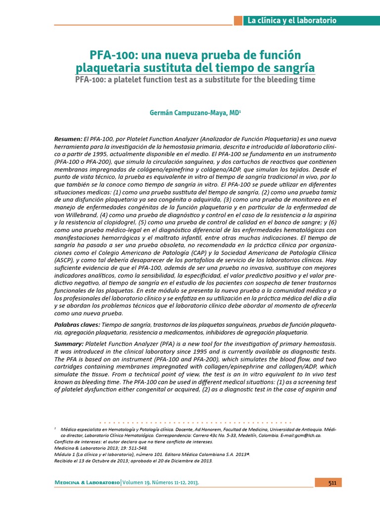 Pfa 100 PDF | PDF | Hemostasia | Plaqueta