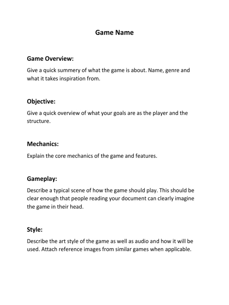 One-Page Game Design Document Template | PDF | Games & Activities