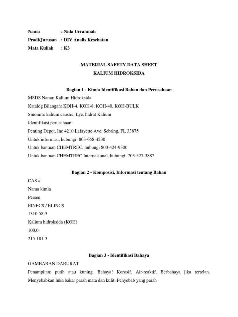 MSDS Kalium Hidroksida dan Bahayanya | PDF
