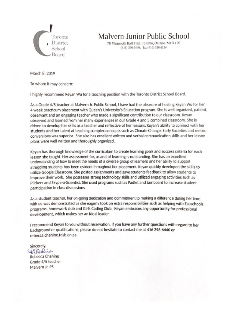 Reference Letter TDSB | PDF