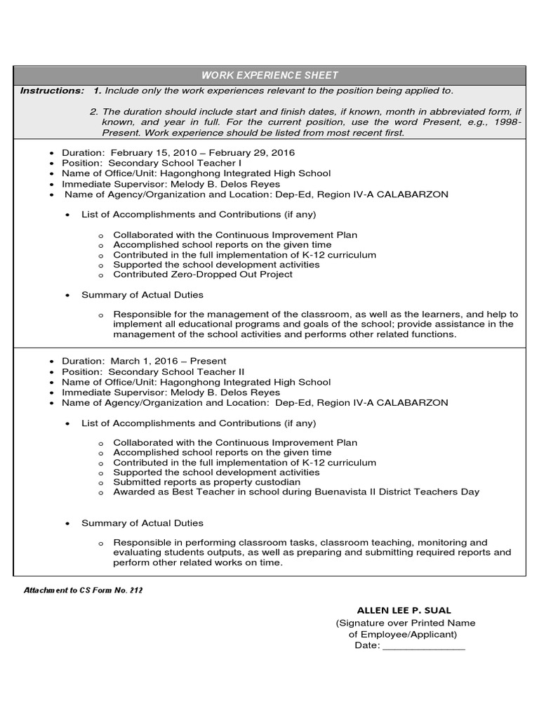 CS Form No. 212 Attachment - Work Experience Sheet | PDF | Teachers ...