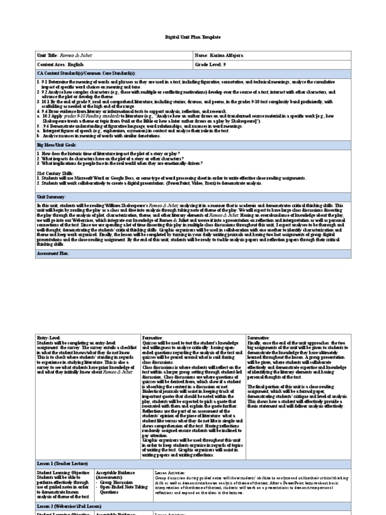Romeo & Juliet Digital Unit Plan | PDF | Critical Thinking | Lecture