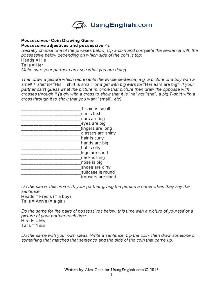 Possessives-Coin Drawing Game Possessive Adjectives and Possessive - 'S ...