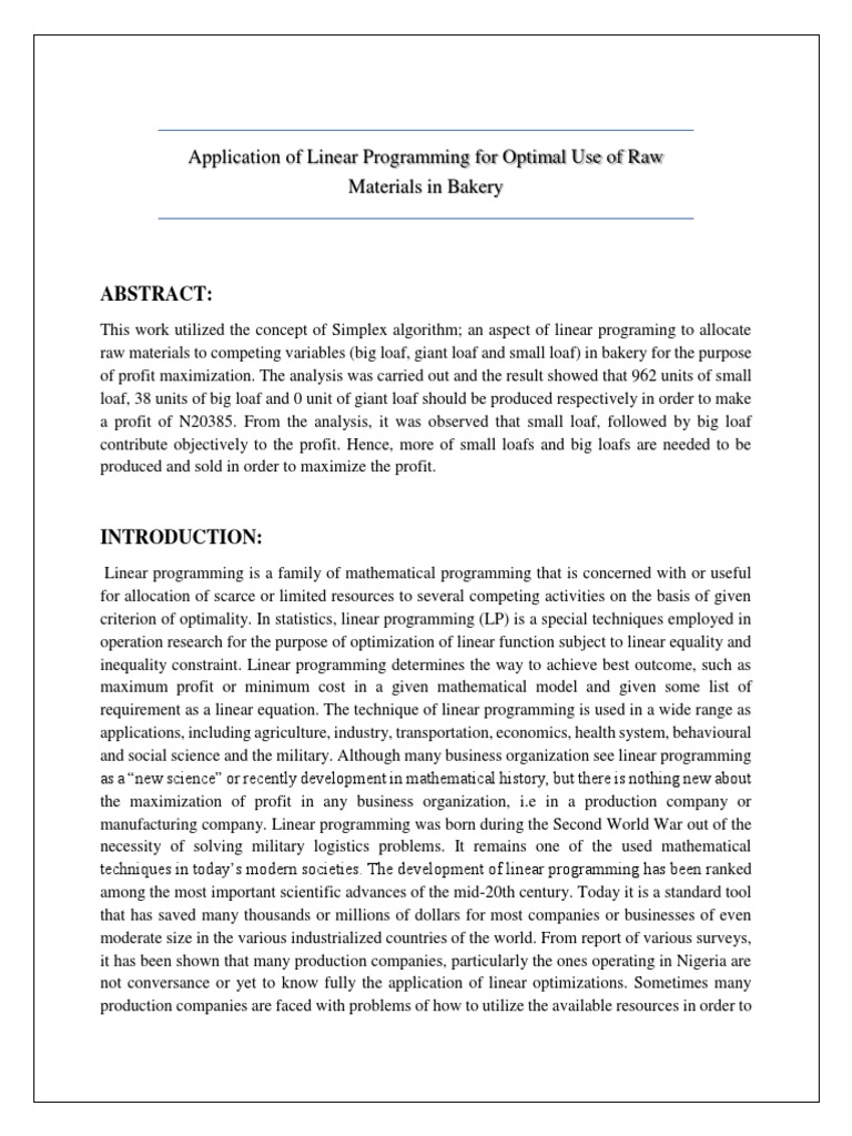 Application of Linear Programming For Optimal Use of Raw Materials in Bakery | PDF ...