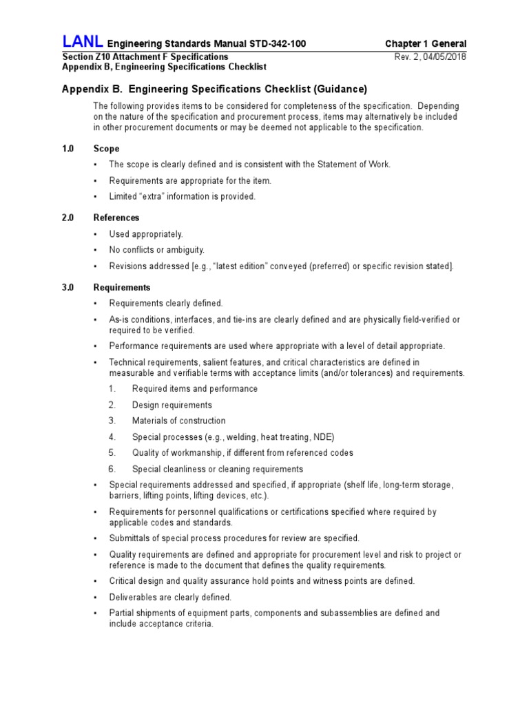 Appendix B. Engineering Specifications Checklist (Guidance) | Download ...