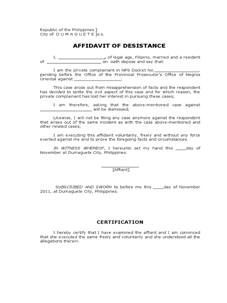 Affidavit of Desistance: Certification | PDF