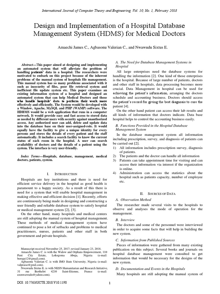 Design and Implementation of A Hospital Database Management System ...