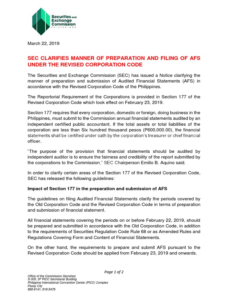SEC Guidelines for AFS Preparation | PDF | Financial Statement ...