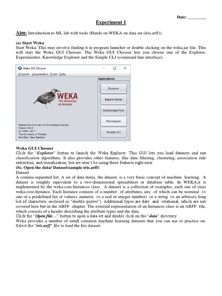Experiment 1 Aim:: Introduction To ML Lab With Tools (Hands On WEKA On Data Set (Iris - Arff ...