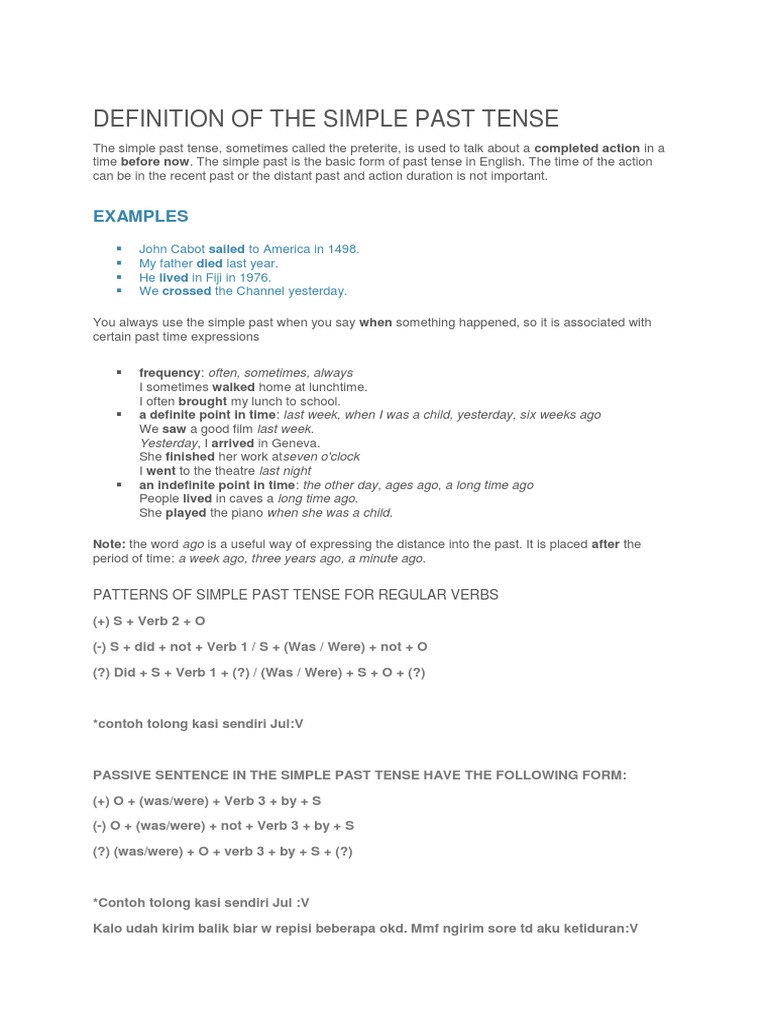 Definition of The Simple Past Tense: Examples | PDF
