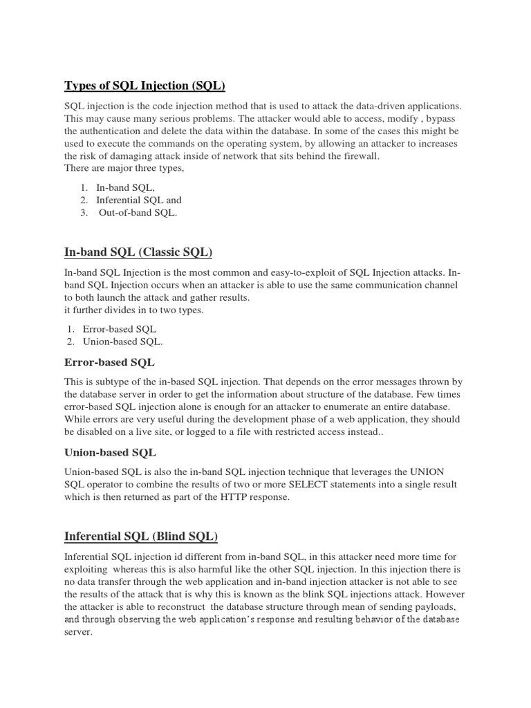 Types of SQL INJECTIONS | PDF | Sql | Databases