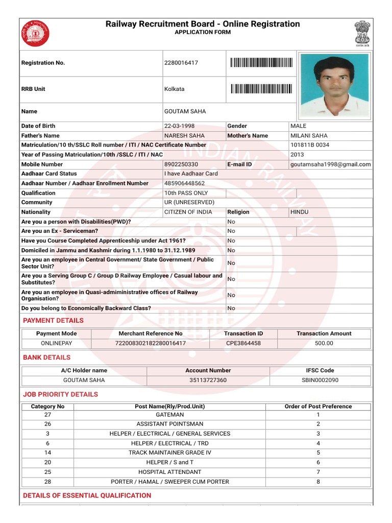 Railway Recruitment Board - Online Registration: Payment Details | PDF ...