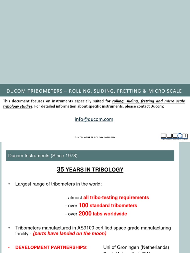 Ducom Tribometers For Rolling Sliding Fretting and Micro Scale ...