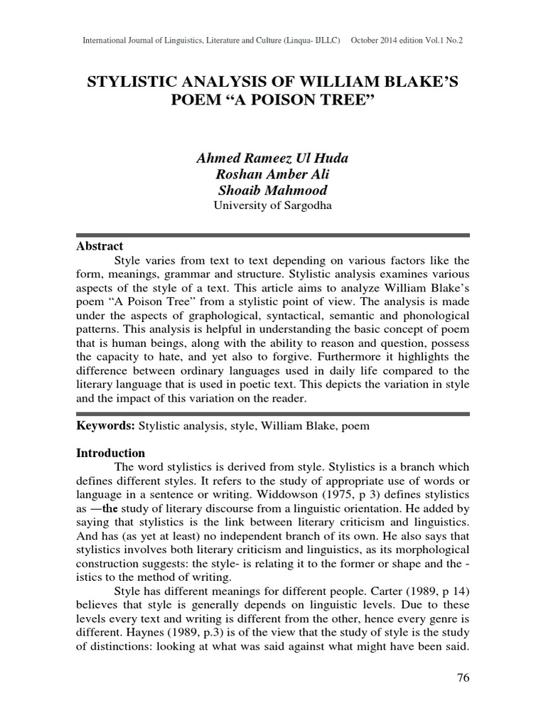 Stylistic Analysis of William Blake's Poem "A Poison Tree" | PDF ...