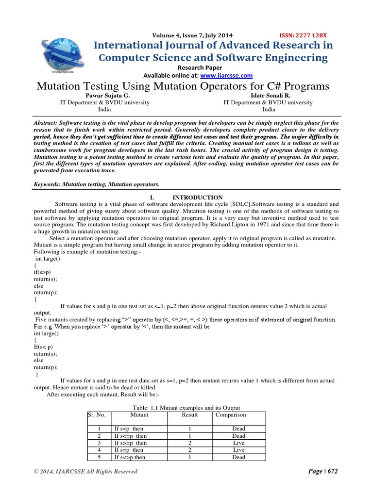 Mutation Testing Using Mutation Operators For C# Programs | PDF ...