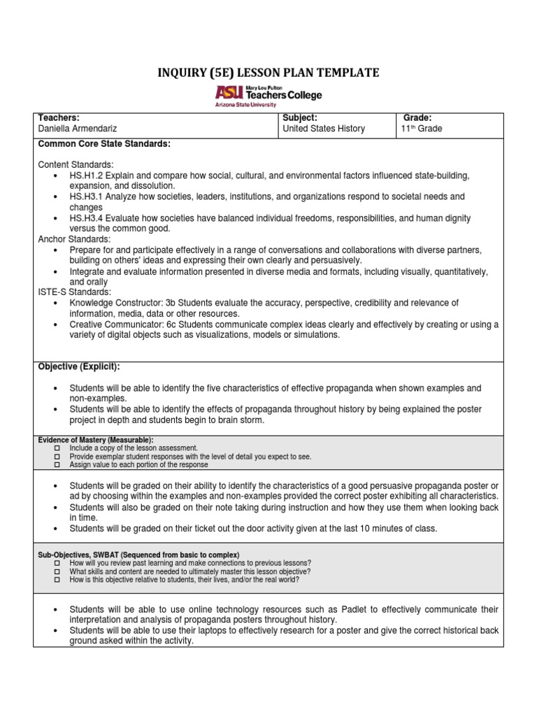 Inquiry (5E) Lesson Plan Template: Teachers: Subject: Grade | PDF ...