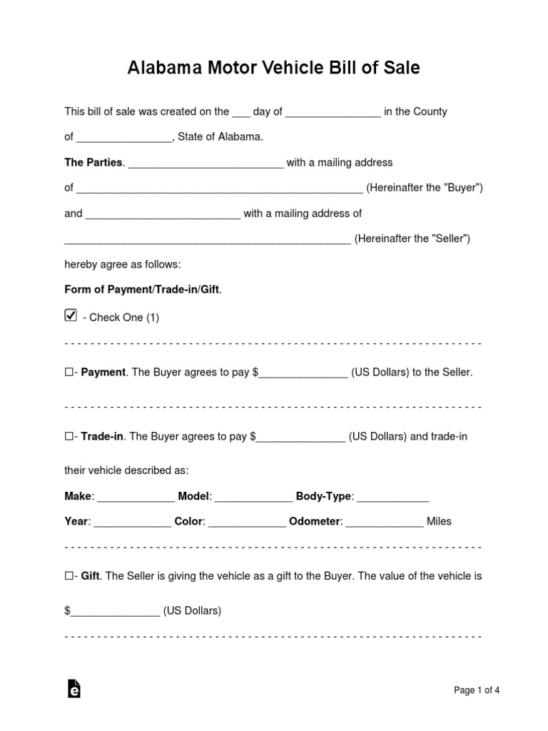 Alabama Vehicle Bill of Sale Template | PDF | Bill Of Sale | Sales
