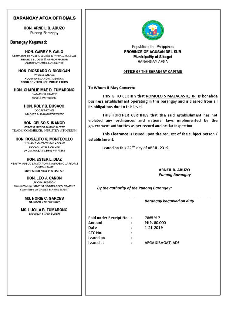 Barangay Business Clearance | PDF | Government | Justice