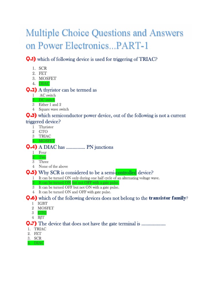 Multiple Choice Questions and Answers On Power Electronics... PART-1 ...