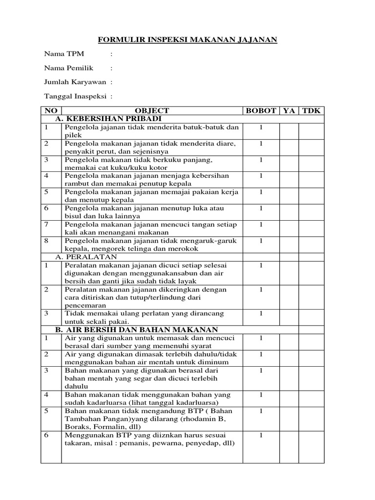 Formulir Inspeksi Makanan Jajanan | PDF
