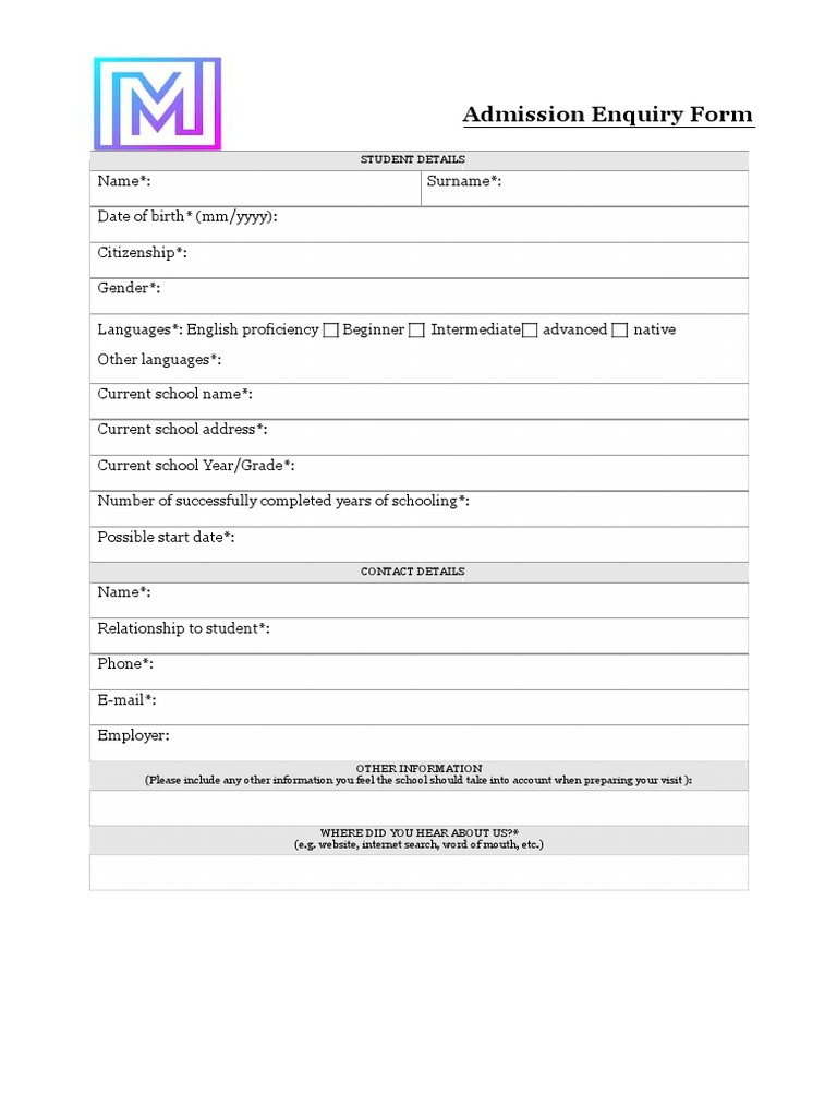 Admission Enquiry Form: Student Details | PDF