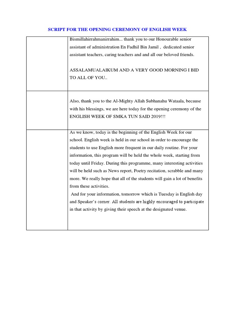 Emcee Text English Week Launching | PDF