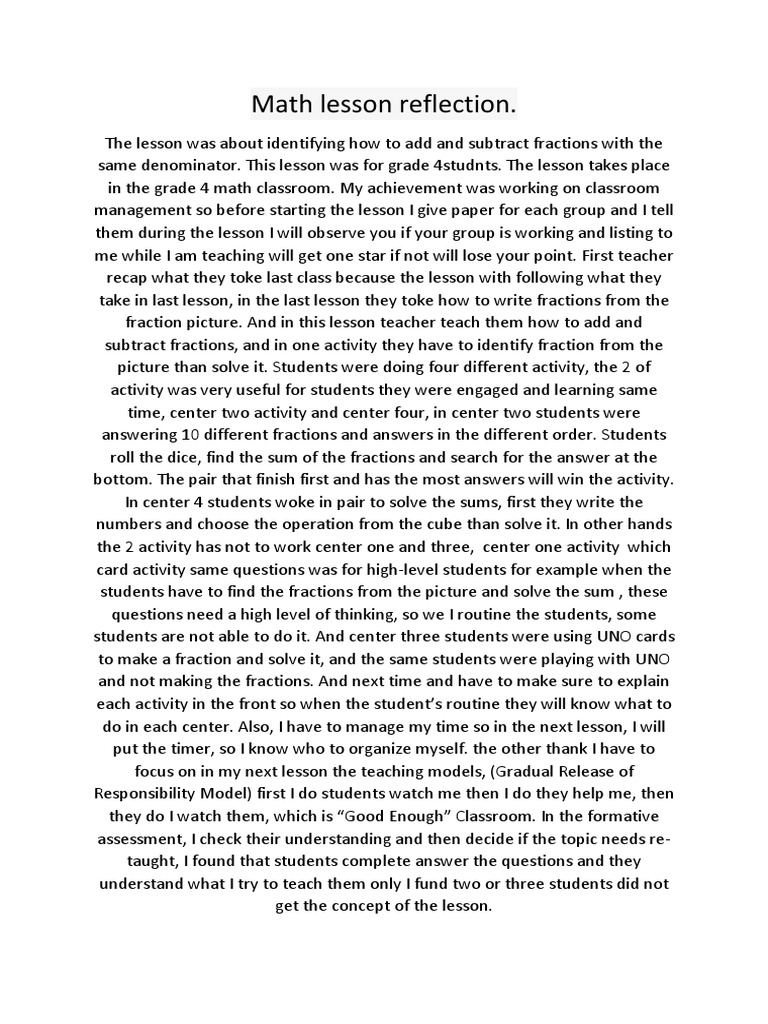 Math Lesson Reflection | PDF | Fraction (Mathematics) | Understanding