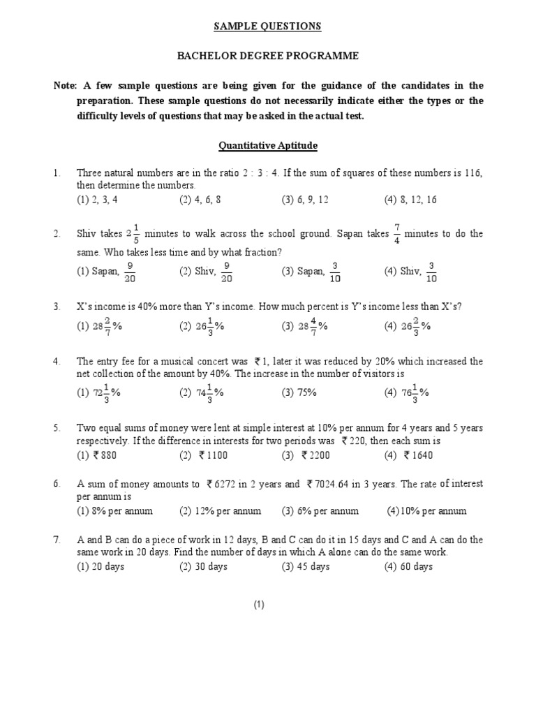 Sample Quantitative Aptitude and Verbal Ability Questions from the Bachelor's Degree Program ...