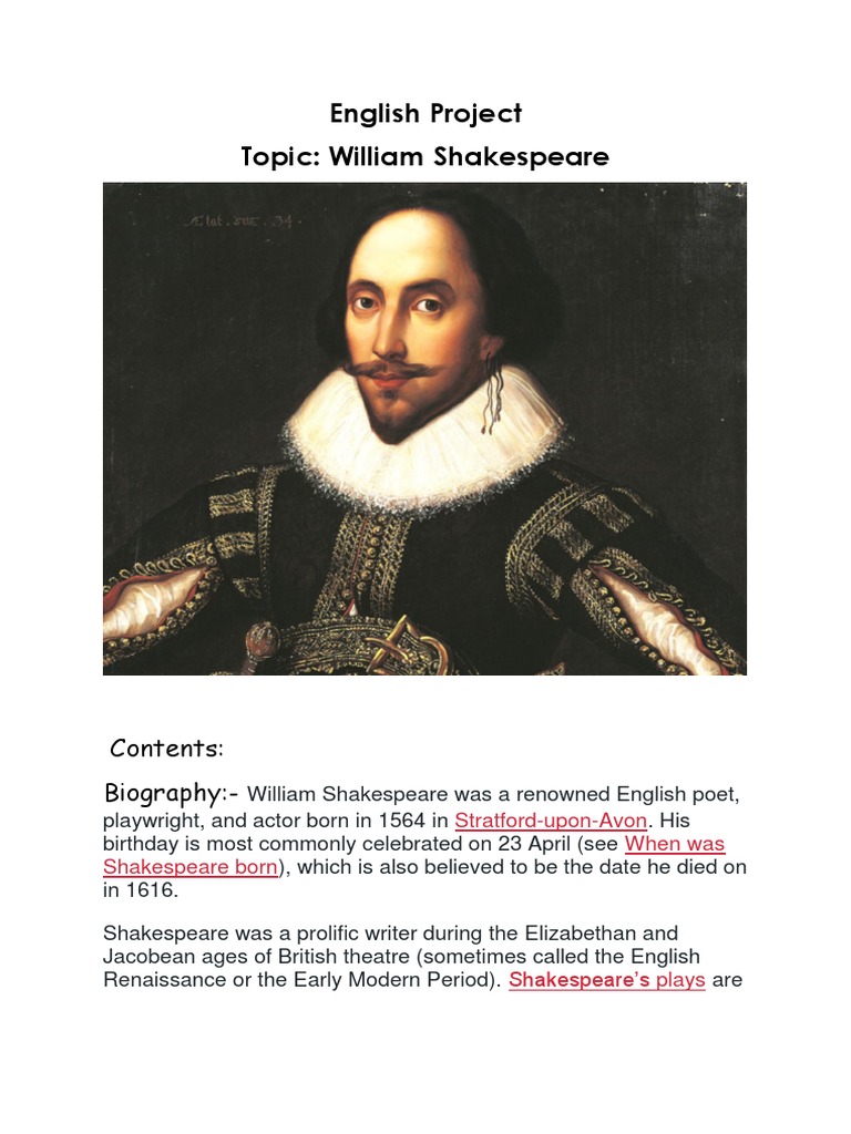 English Project Topic: William Shakespeare: Contents: Biography | PDF ...