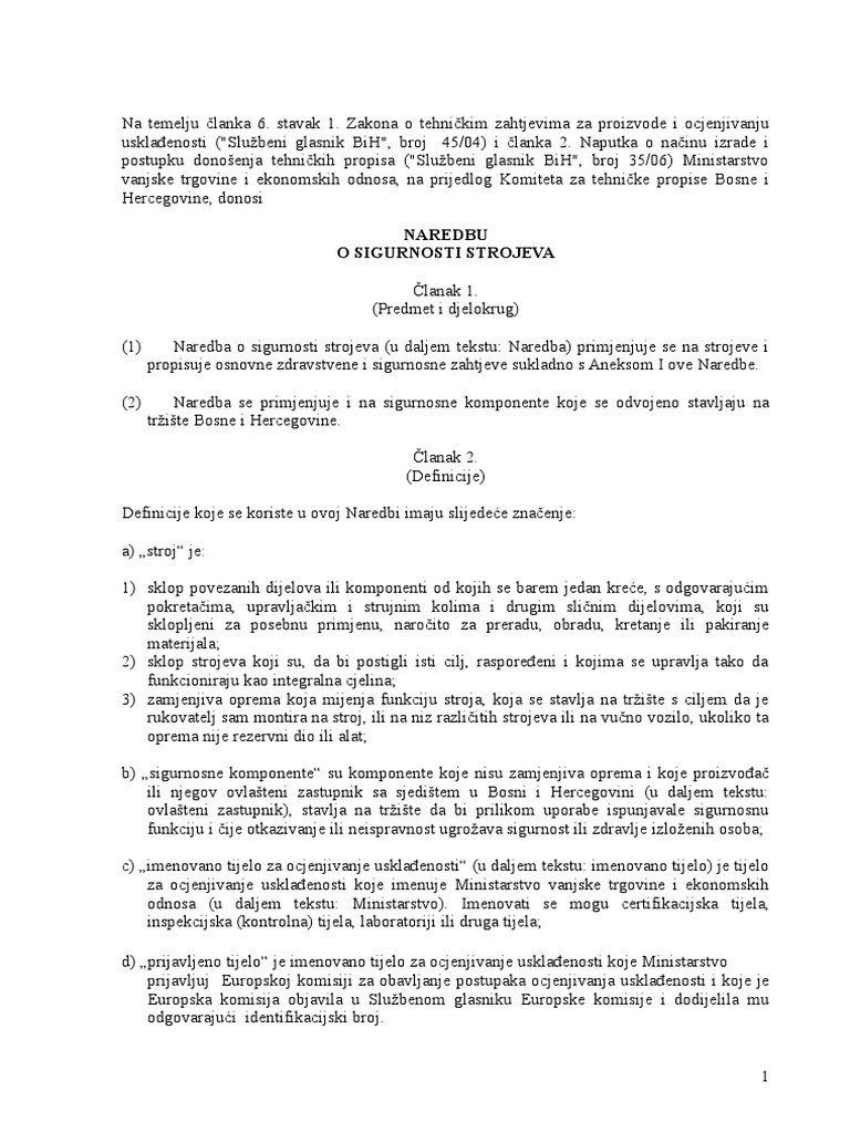 Naredba o Sigurnosti Strojeva BiH 04-10 | PDF
