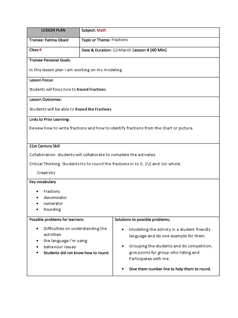 Lesson Plan 4 Pdf Lesson Plan Fraction Mathematics
