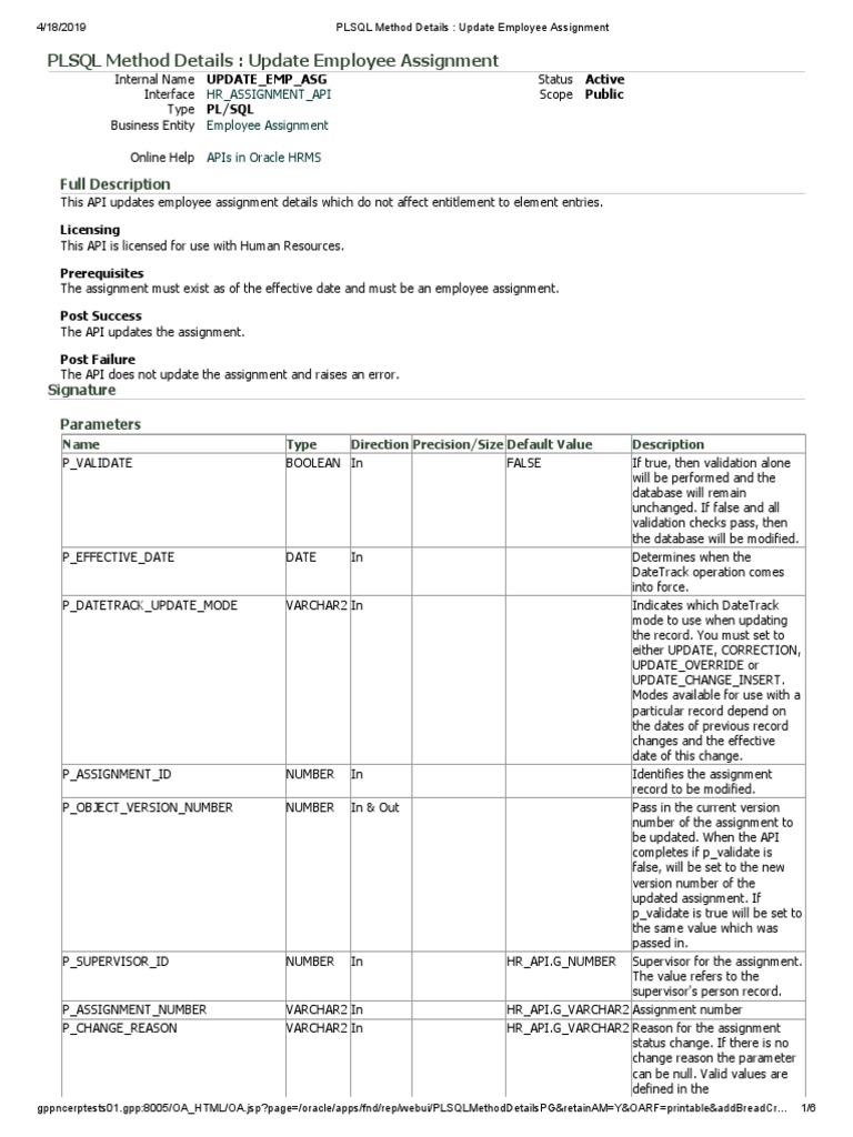 PLSQL Method Details - Update Employee Assignment | PDF | Pl/Sql | Data Management