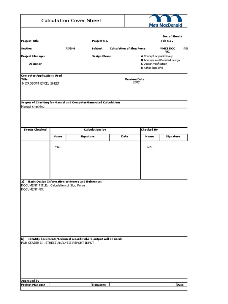 Calculation Cover Sheet | PDF | Fluid Dynamics | Force