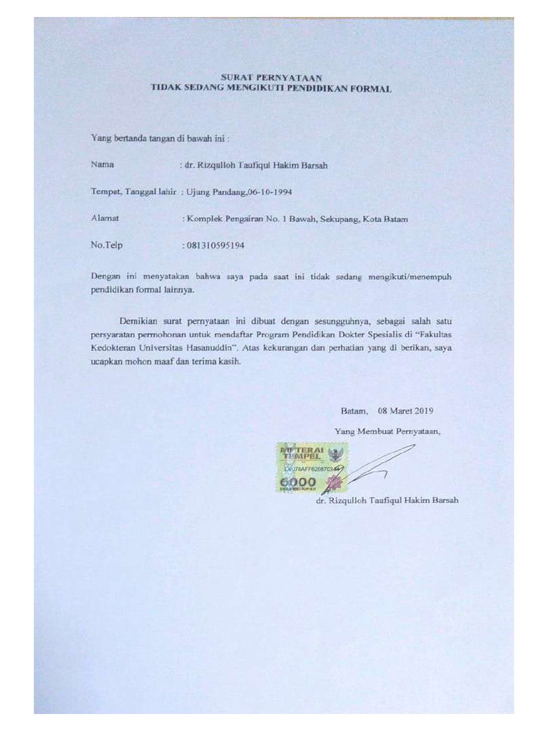 15.surat Pernyataan Sedang Tidak Mengikuti Pendidikan Formal | PDF