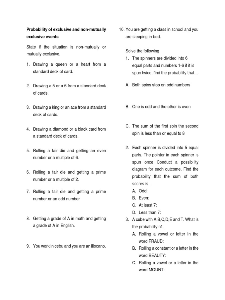 Probability of Exclusive and Non-Mutually Exclusive Events | PDF ...