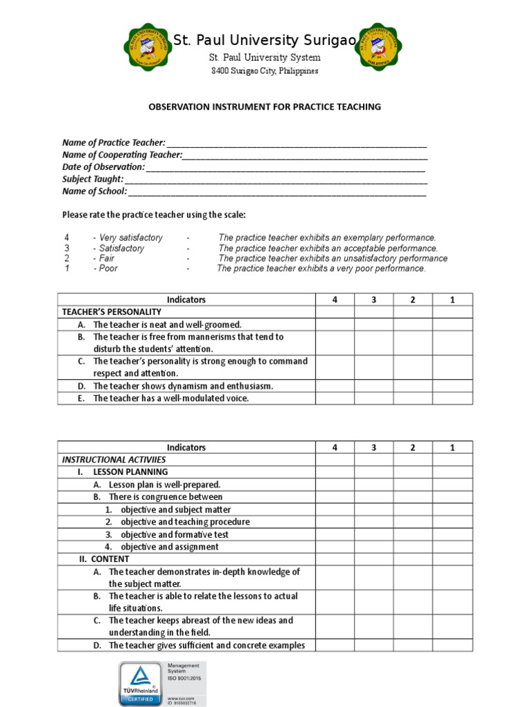 Observation Instrument For Practice Teaching | PDF | Homework | Teachers