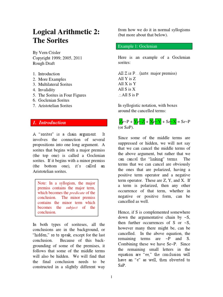 Logical Arithmetic 2: The Sorites: Example 1: Goclenian | PDF | Logical ...