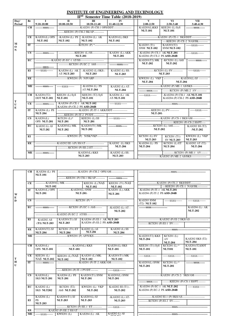 B Tech Time Table Even Sem 2018 2019 Final2 Pdf