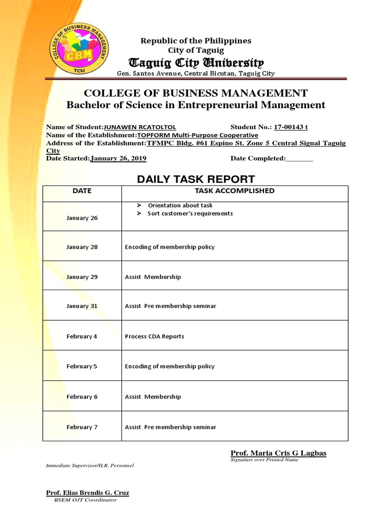TOPFORM OJT Daily Task Report | PDF