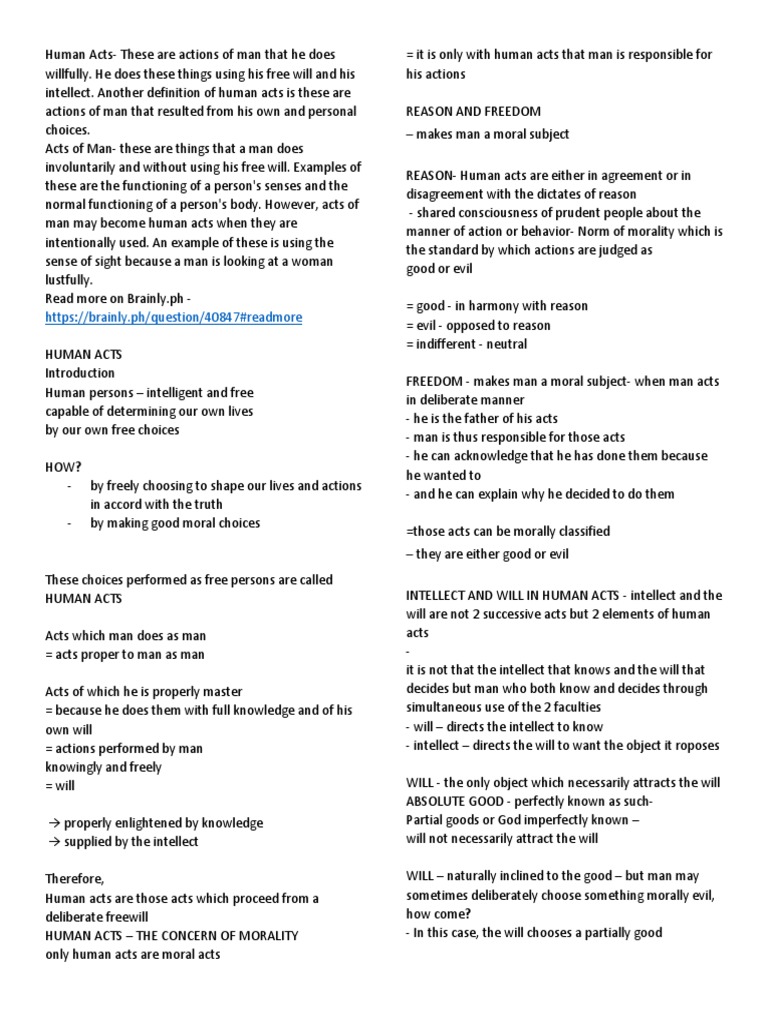 Human Acts | PDF | Free Will | Reason