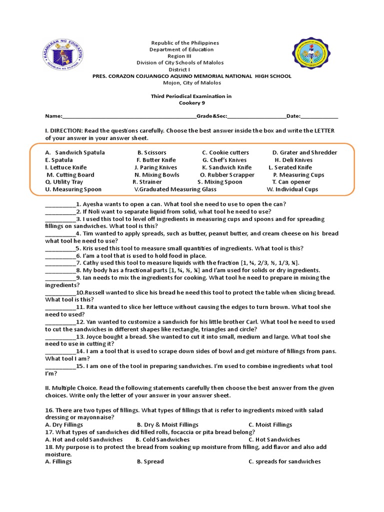 Third Quarter Exam Cookery 9 | PDF | Sandwich | Refrigeration